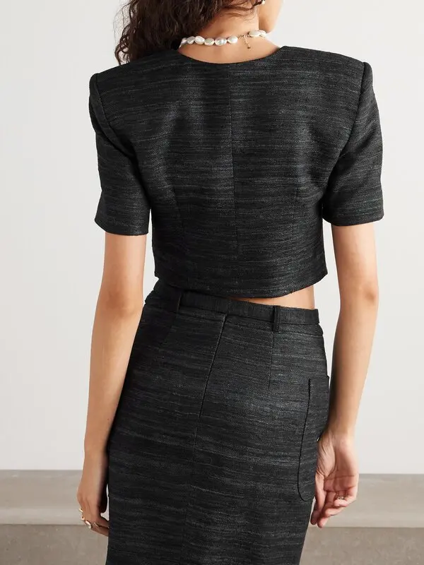 VIOLANTE NESSI Cropped Silk-tweed Double-breasted Top - Black