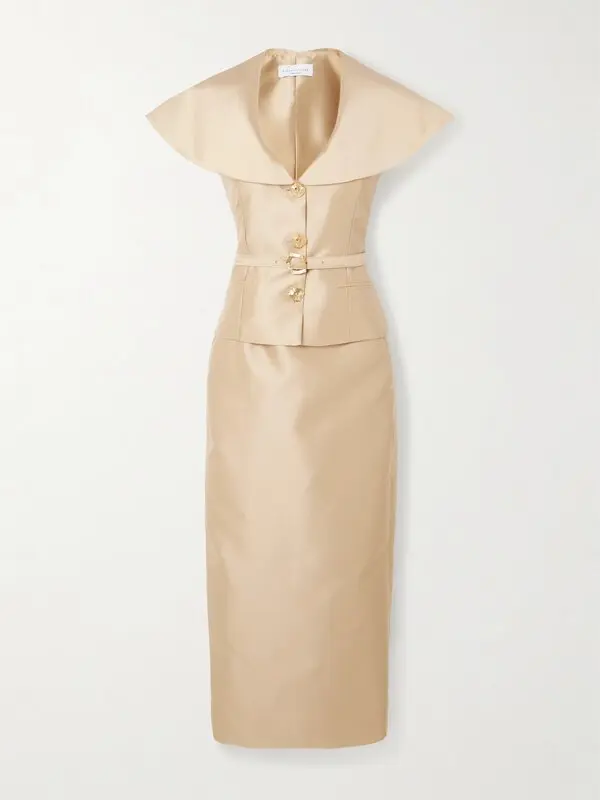 VIOLANTE NESSI Manuela Belted Cape-effect Silk-blend Mikado Gown