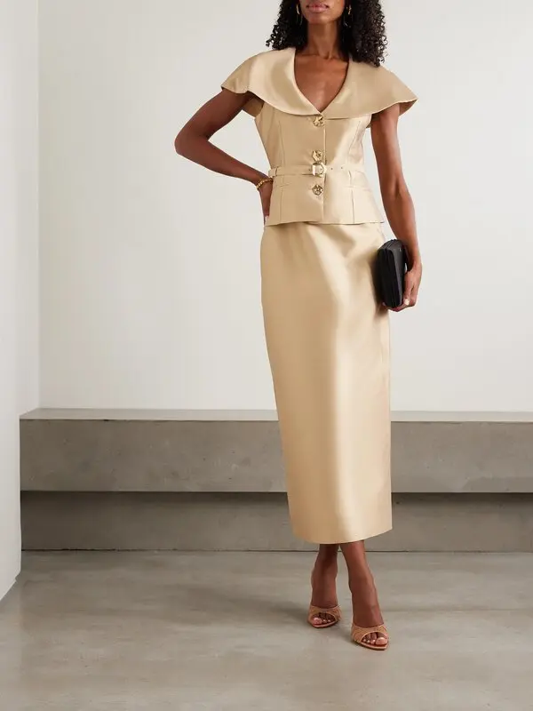 VIOLANTE NESSI Manuela Belted Cape-effect Silk-blend Mikado Gown