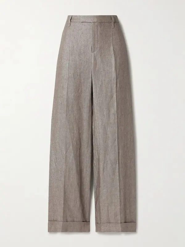 Brunello Cucinelli Metallic Linen-blend Wide-leg Trousers - Gray