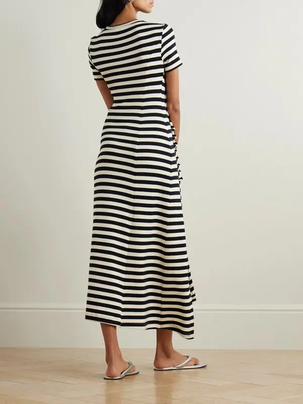 Rabanne Gathered Embellished Striped Wool-blend Midi Dress