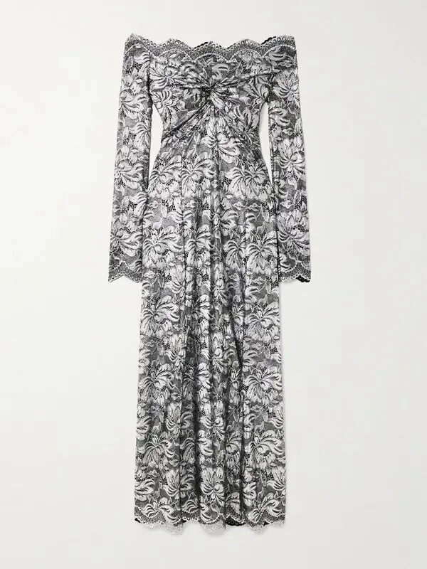 Rabanne Off-the-shoulder Metallic Stretch-lace Midi Dress - Silver