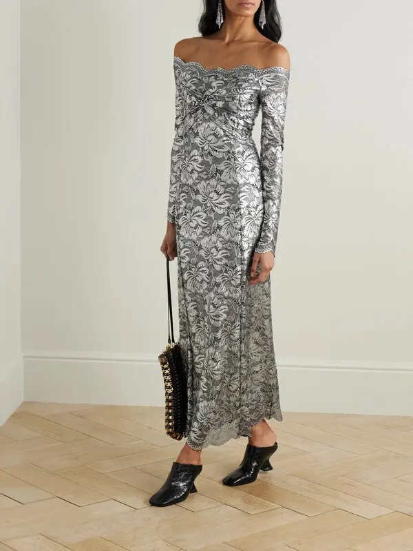 Rabanne Off-the-shoulder Metallic Stretch-lace Midi Dress - Silver