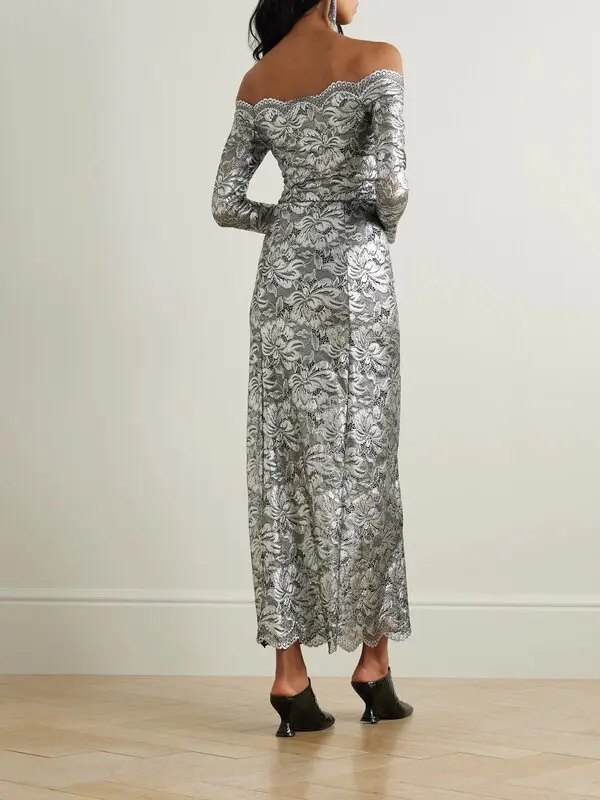 Rabanne Off-the-shoulder Metallic Stretch-lace Midi Dress - Silver
