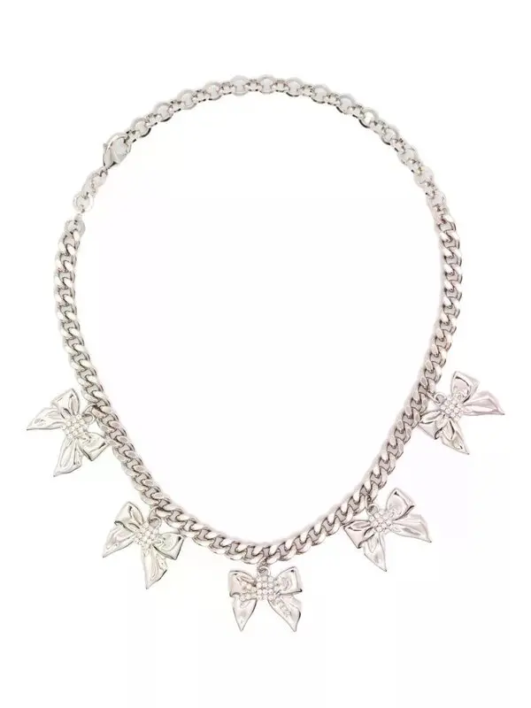 Alessandra Rich Tone Crystal Embellished Bow Pendant Necklace - Silver