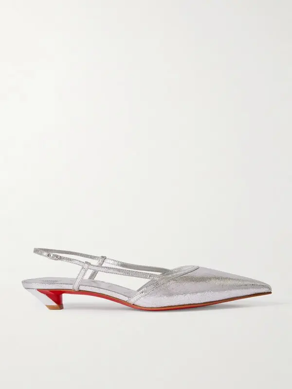 CHRISTIAN LOUBOUTIN Miss Z Slingback Pumps In Metallic Crinkled Leather - Silver