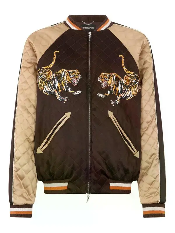 Roberto Cavalli Tiger Embroidered Quilted Bomber Jacket - Brown