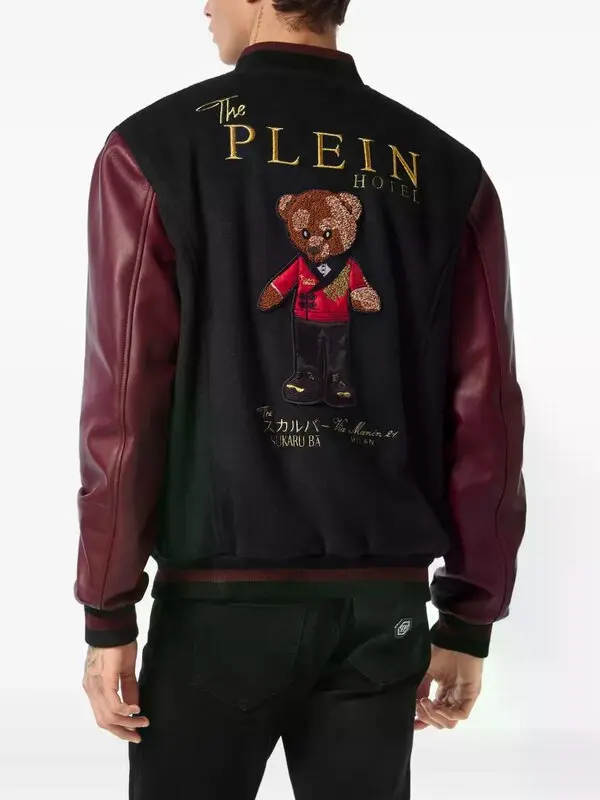 Philipp Plein Teddy Bear Embroidered Leather Sleeve Bomber Jacket - Black