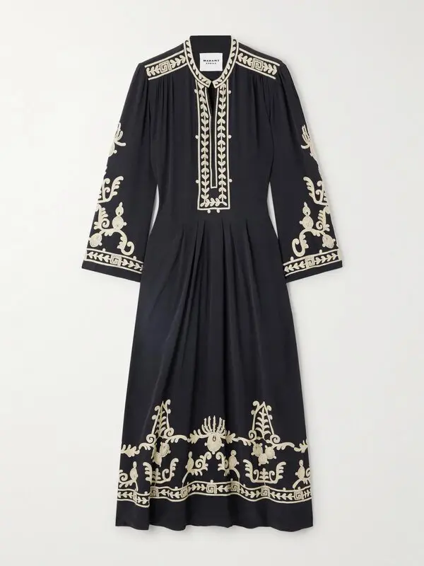 MARANT ETOILE Embroidered Pleated Crepe Midi Dress