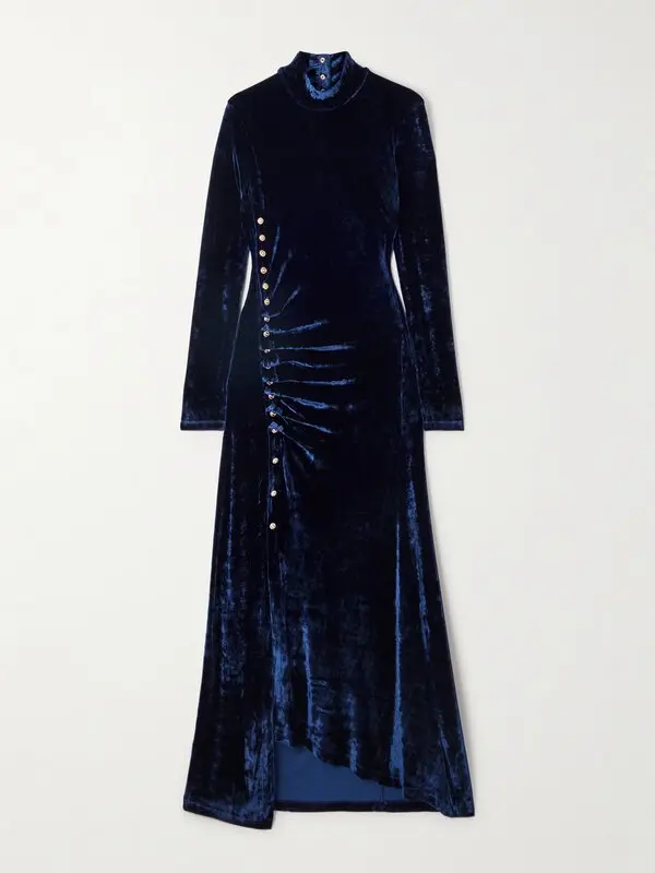 Rabanne Asymmetric Ruched Embellished Velvet Turtleneck Dress - Blue