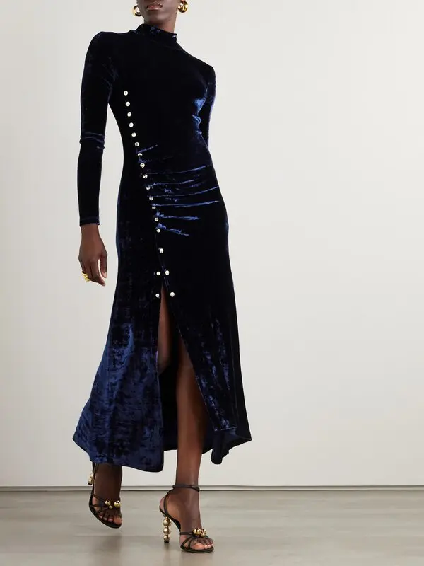 Rabanne Asymmetric Ruched Velvet Turtleneck Dress
