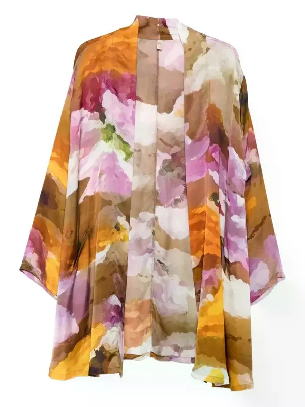 YAVI Abstract Floral Print Kimono Jacket - Brown