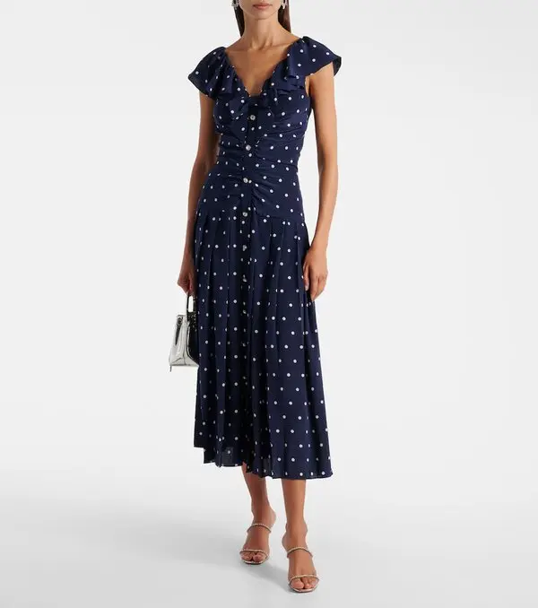 Alessandra Rich Polka Dot Ruffled Silk Midi Dress