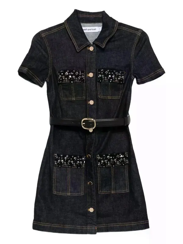 SELF-PORTRAIT Embellished Denim Mini Dress - Blue