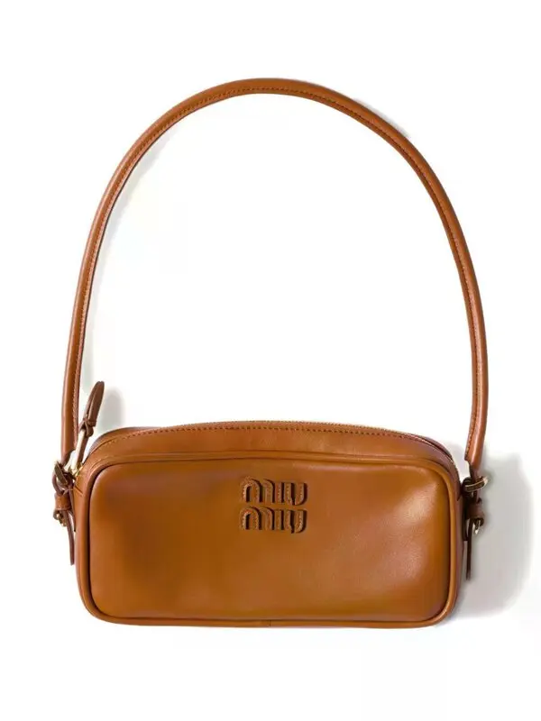 Miu Miu Mini Leather Shoulder Bag With Logo Detail - Brown