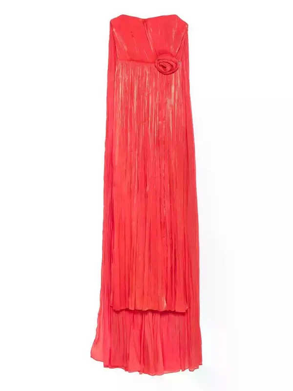 NISSA Pleated Rose Embellished Asymmetric Evening Gown - Red
