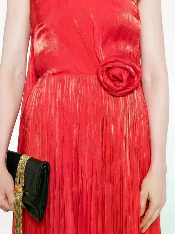 NISSA Pleated Rose Embellished Asymmetric Evening Gown - Red