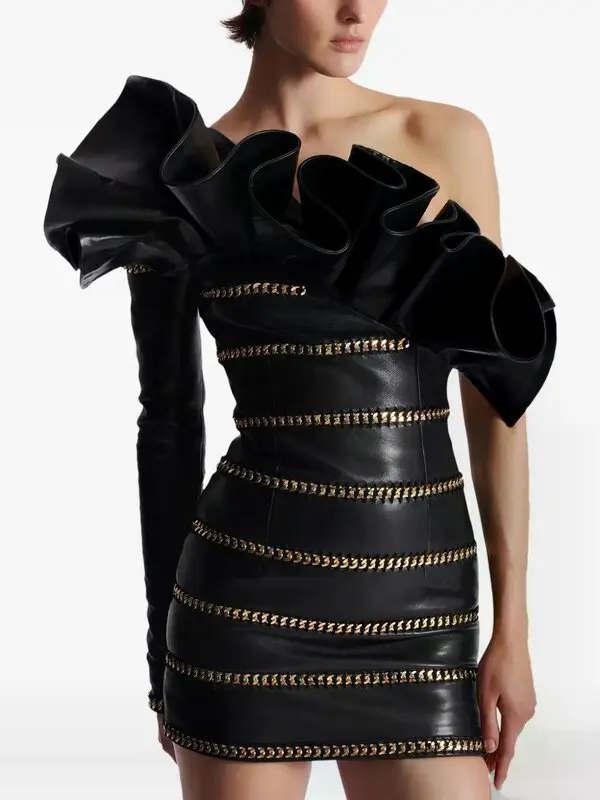 Balmain Asymmetrical Leather Mini Dress With Chain Detailing