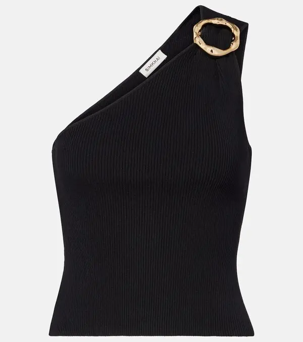 Simkhai Fenix One-shoulder Ribbed-knit Top With Gold Hardware - Black