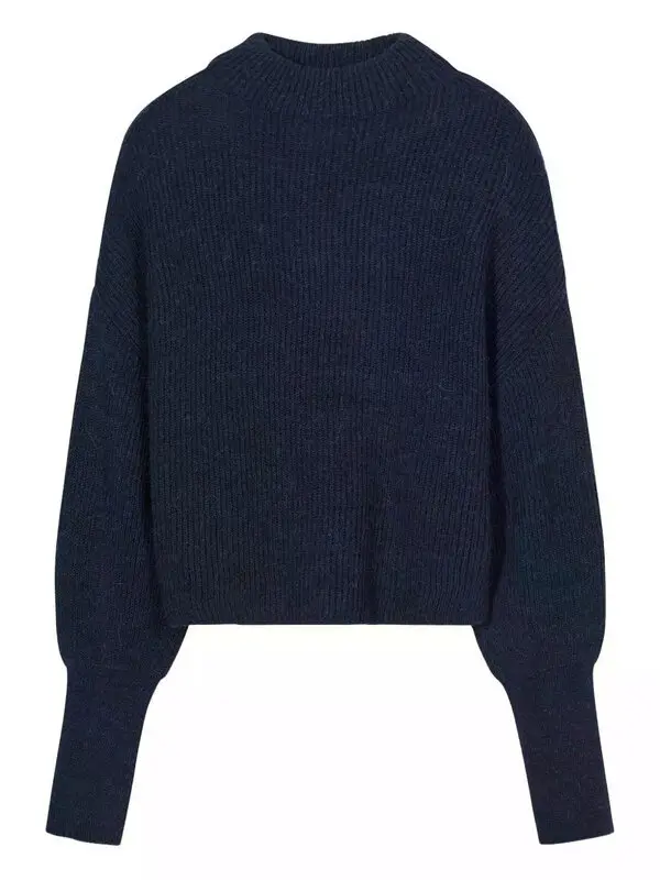 Closed Ribbed Knit Funnel Neck Sweater - Blue