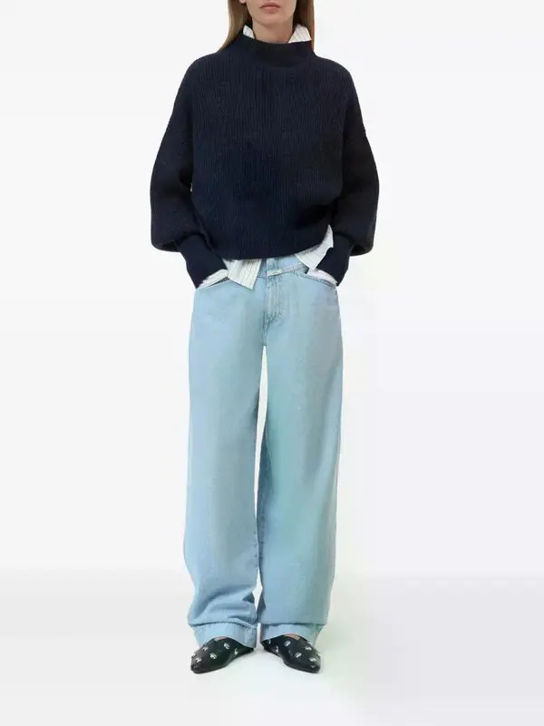 Closed Ribbed Knit Funnel Neck Sweater - Blue