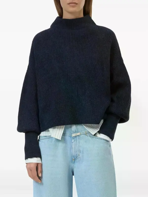 Closed Ribbed Knit Funnel Neck Sweater - Blue