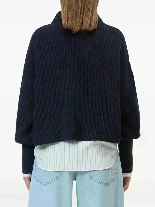 Closed Ribbed Knit Funnel Neck Sweater - Blue