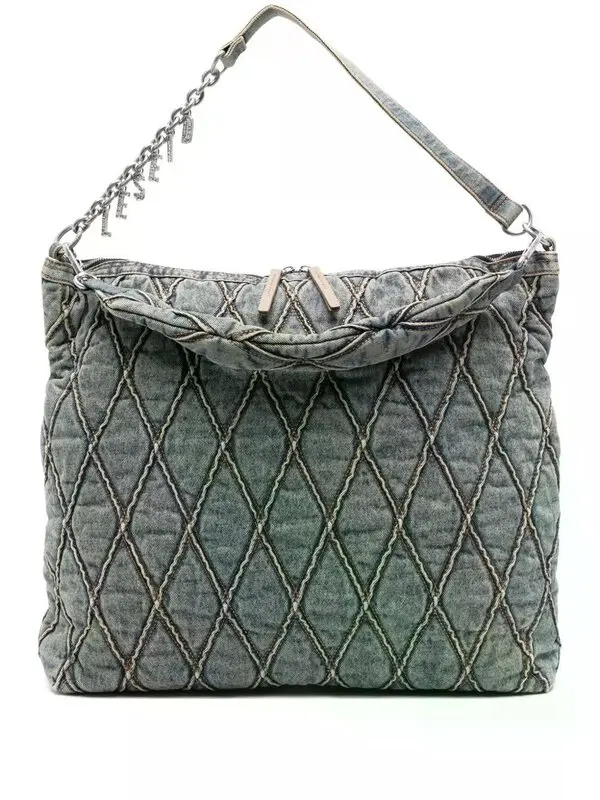 DIESEL® Quilted Diamond Pattern Shoulder Bag With Chain Strap And Letter Charms - Blue
