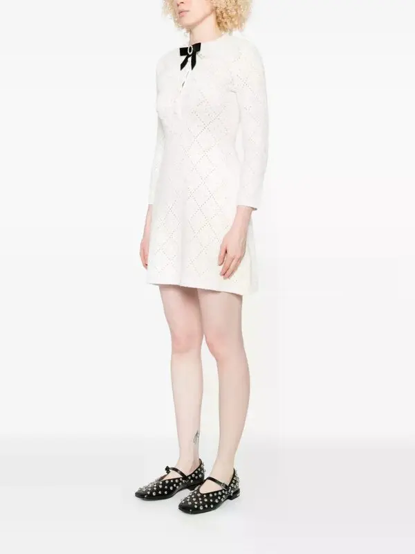 SELF-PORTRAIT Eyelet Embroidered Mini Dress With Peter Pan Collar And Bow Embellishment