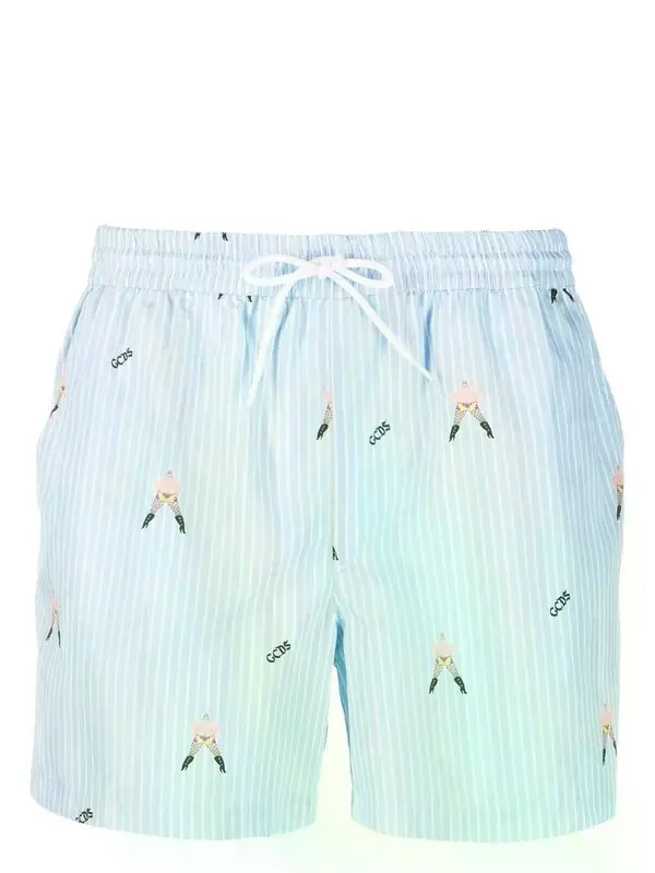 Gcds Cartoon-print Pinstripe Shorts - Blue