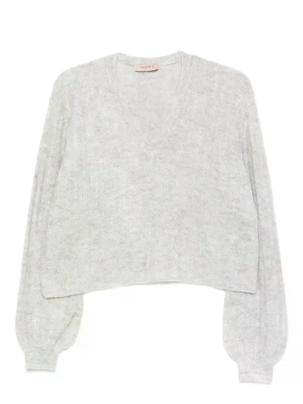 TWINSET V-neck Balloon Sleeve Cropped Sweater - Grey