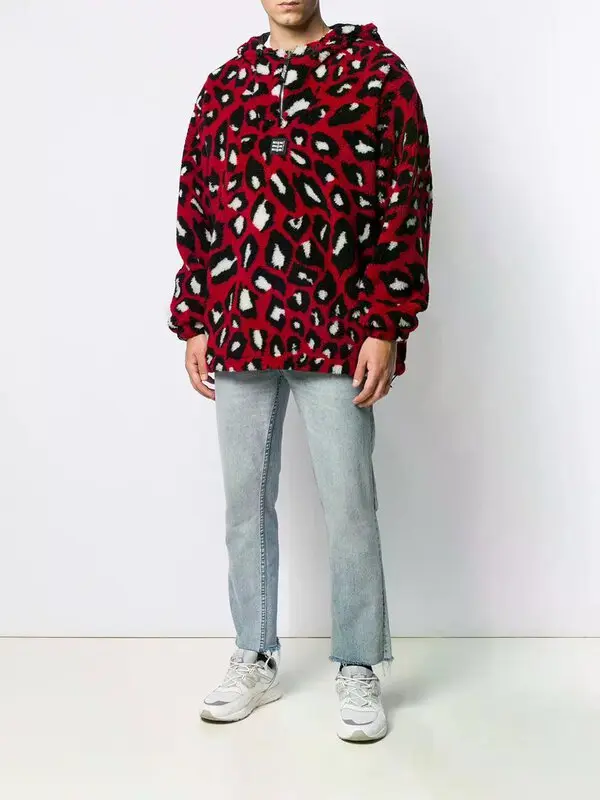 MSGM Animal Print Shearling Hooded Sweater - Red