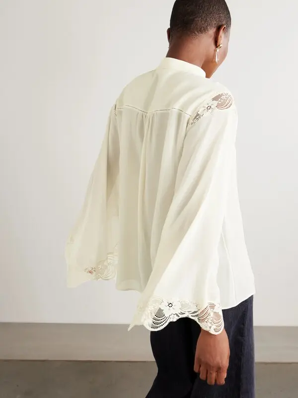Chloé Embroidered Lace-trimmed Organic Silk-georgette Blouse