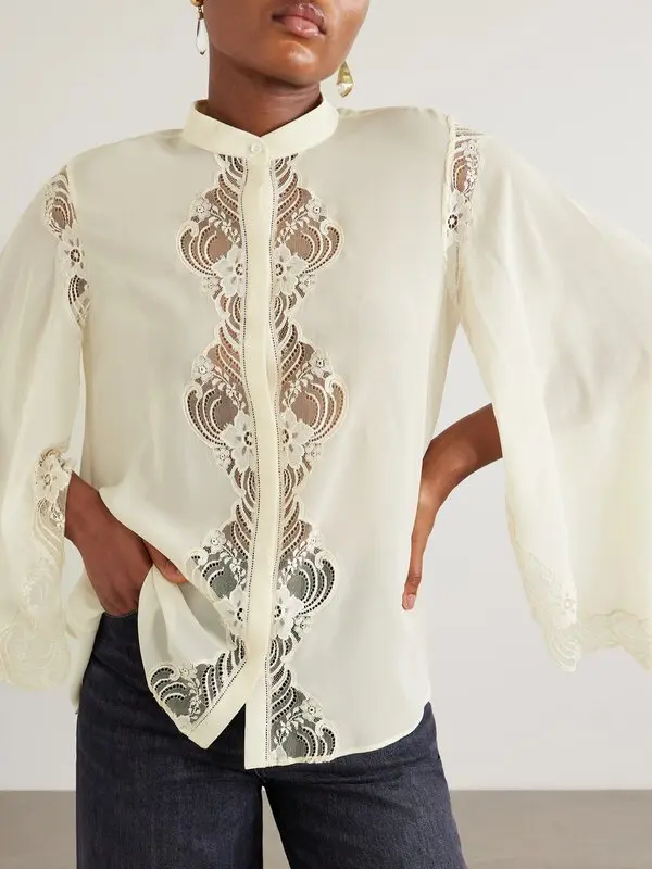 Chloé Embroidered Lace-trimmed Organic Silk-georgette Blouse