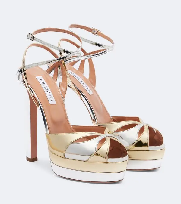 AQUAZZURA Moves 130 Mirrored Leather Platform Sandals - Silver
