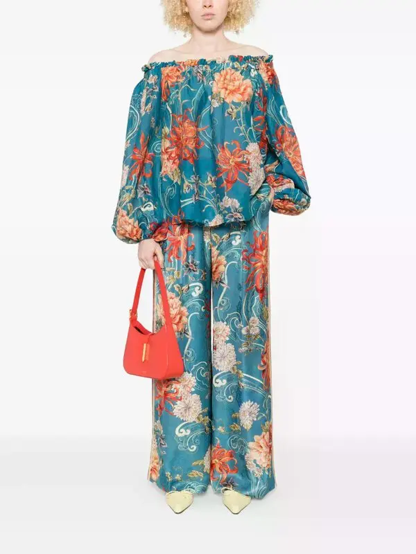 ALEMAIS Floral Print Pleated Wide Leg Trousers - Blue