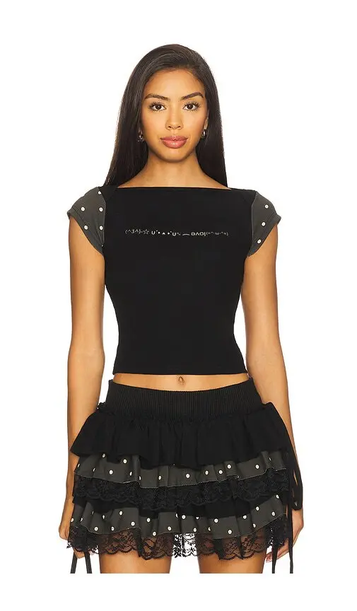 ZEMETA Boatneck Cropped Top With Graphic Print - Black