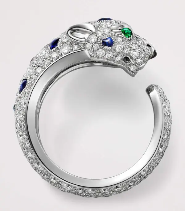 Cartier Panthère De Ring In 18k Gold With Diamonds, Emeralds, Sapphires And Onyx