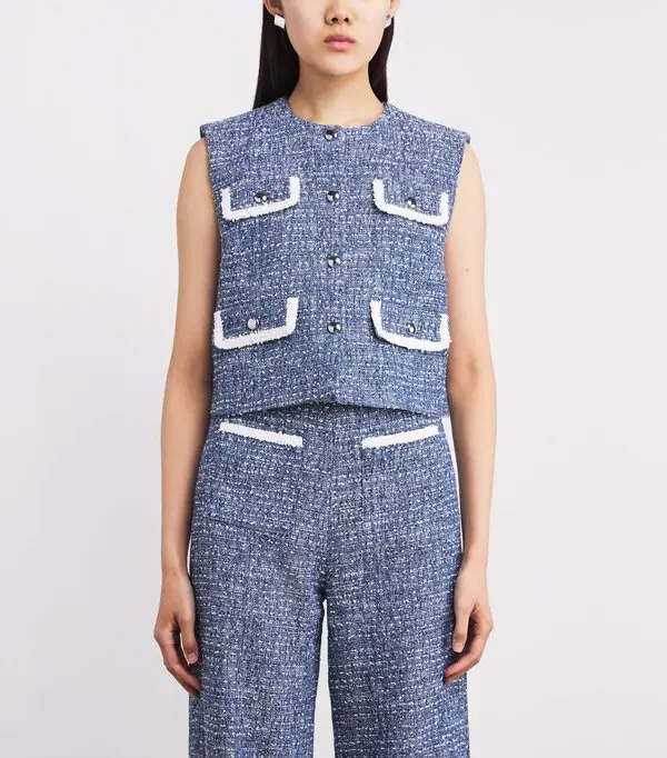 Maje Sleeveless Tweed Top With Decorative Pockets