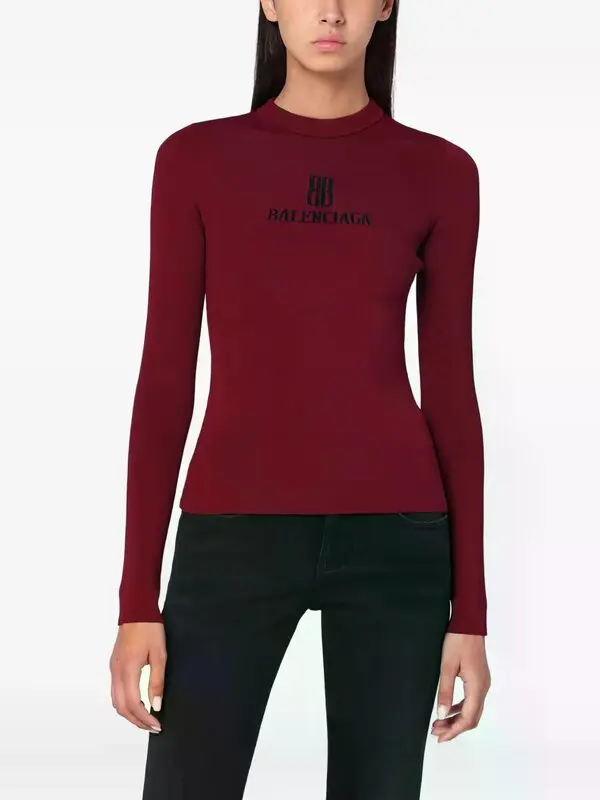 Balenciaga Ribbed Knit Logo Print Long Sleeve Top