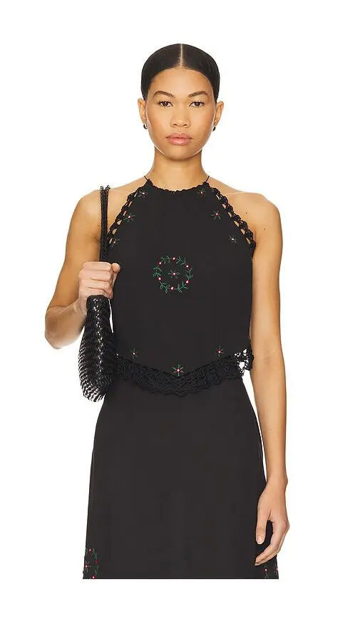 Rixo Ayanna Embroidered Linen Top - Black