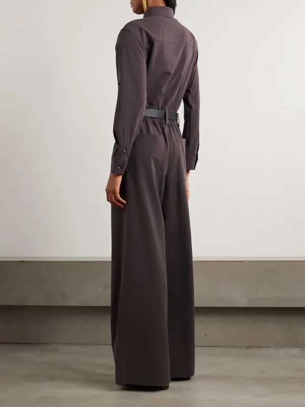 SELF-PORTRAIT Belted Leather-trimmed Twill Jumpsuit