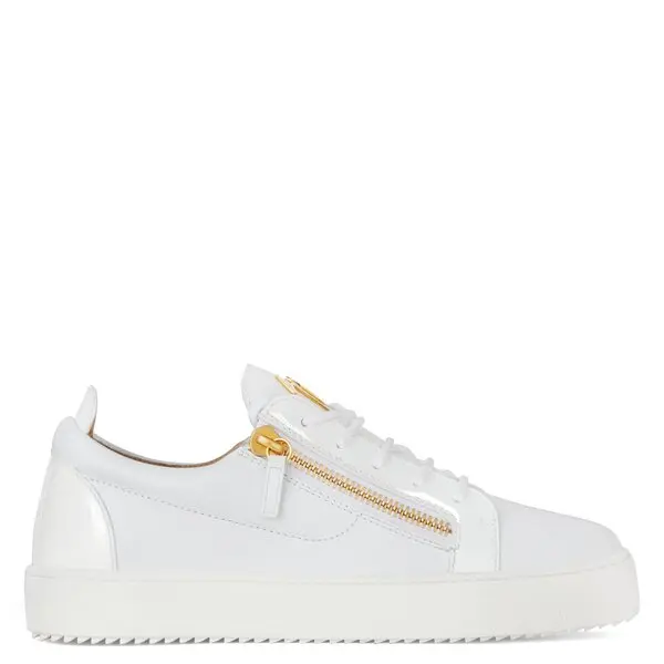 GIUSEPPE ZANOTTI Frankie Leather And Patent Leather Lace-up Sneakers With Side Zips - White