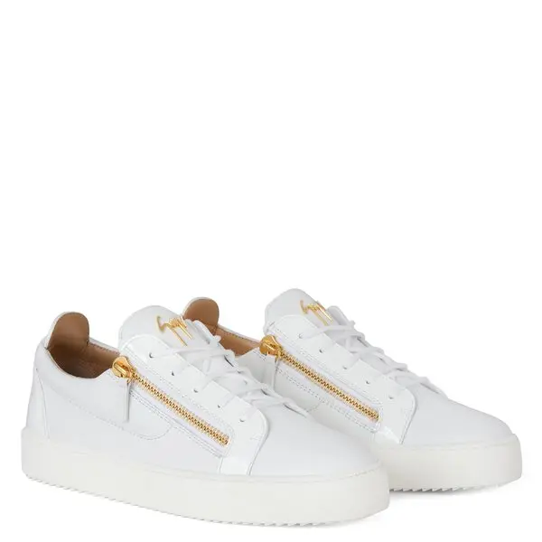 GIUSEPPE ZANOTTI Frankie Leather And Patent Leather Lace-up Sneakers With Side Zips - White