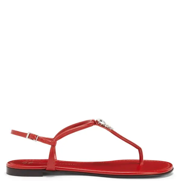 GIUSEPPE ZANOTTI Anyelle Flat Leather Thong Sandals With Rhinestone Detail - Red