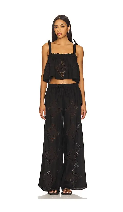 Tularosa Olivia Top Cropped Linen Blend With Tie Shoulder Straps - Black