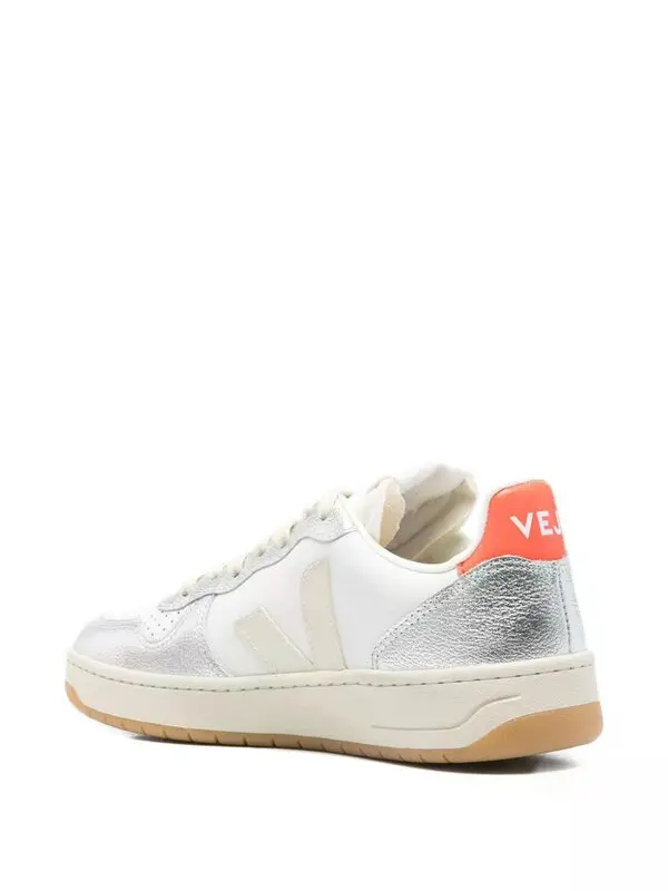 VEJA V-10 Leather Sneakers With Perforated Toebox And Silver-tone Detailing - White