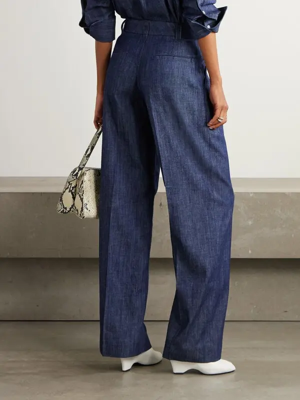 Another Tomorrow Pleated Organic Cotton-chambray Wide-leg Trousers