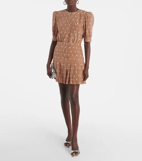 Alessandra Rich Pleated Polka Dot Silk Mini Dress