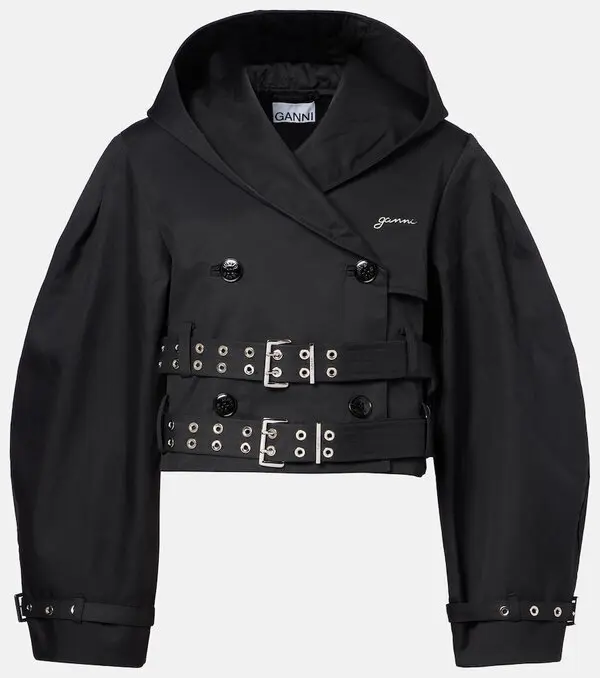 GANNI Belted Cropped Cotton Jacket - Black